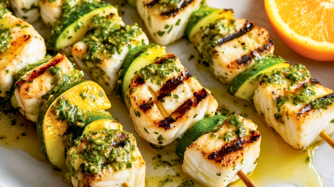 Flavor-Packed Halibut Skewers with Orange Chimichurri