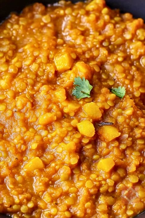 Savory Lentil Tomato Dhal with a Tangy Mango Pickle Twist